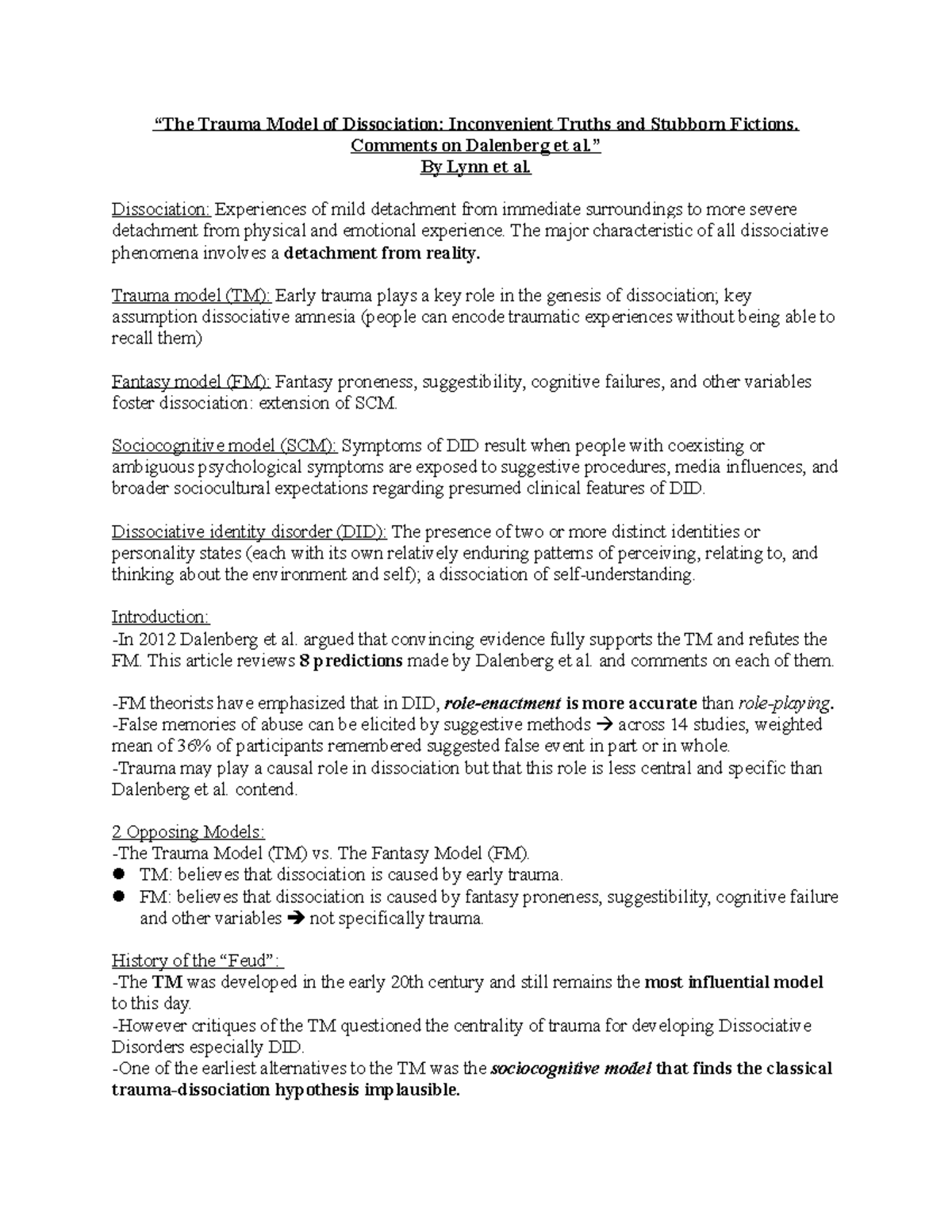 Summary - The Trauma Model of Dissociation - Trauma Model of ...