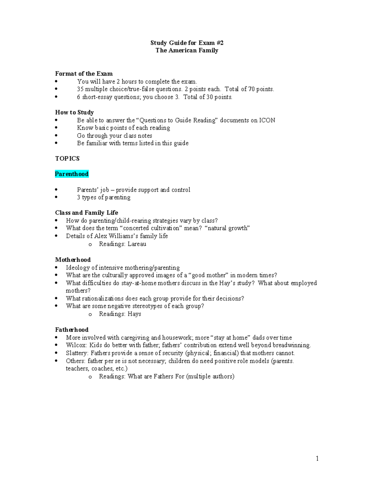 American Family Study Guide - Study Guide for Exam The American Family ...