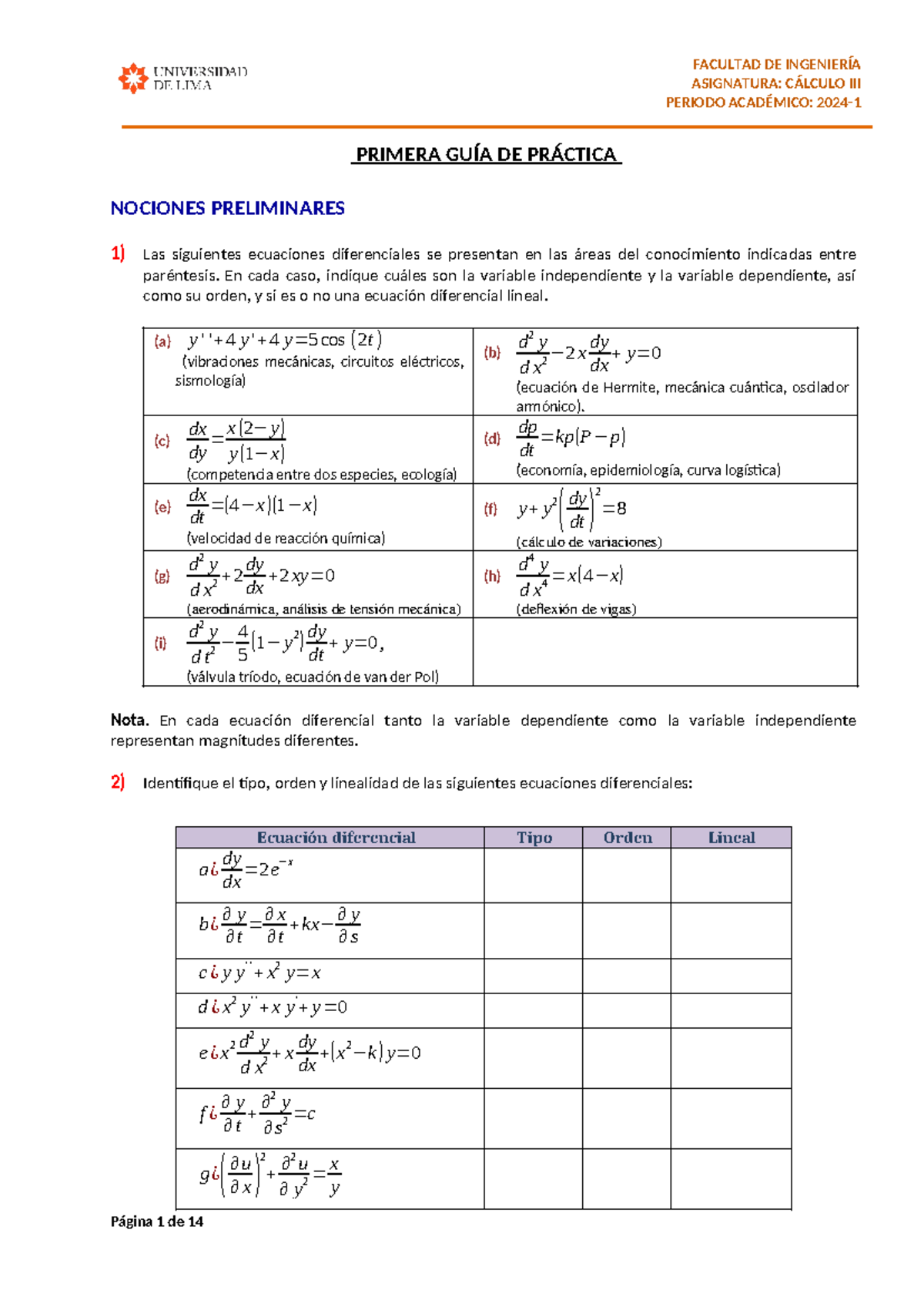 Primera Guia de Practicas - ASIGNATURA: CÁLCULO III PERIODO ACADÉMICO: 2024- PRIMERA GUÍA DE ...
