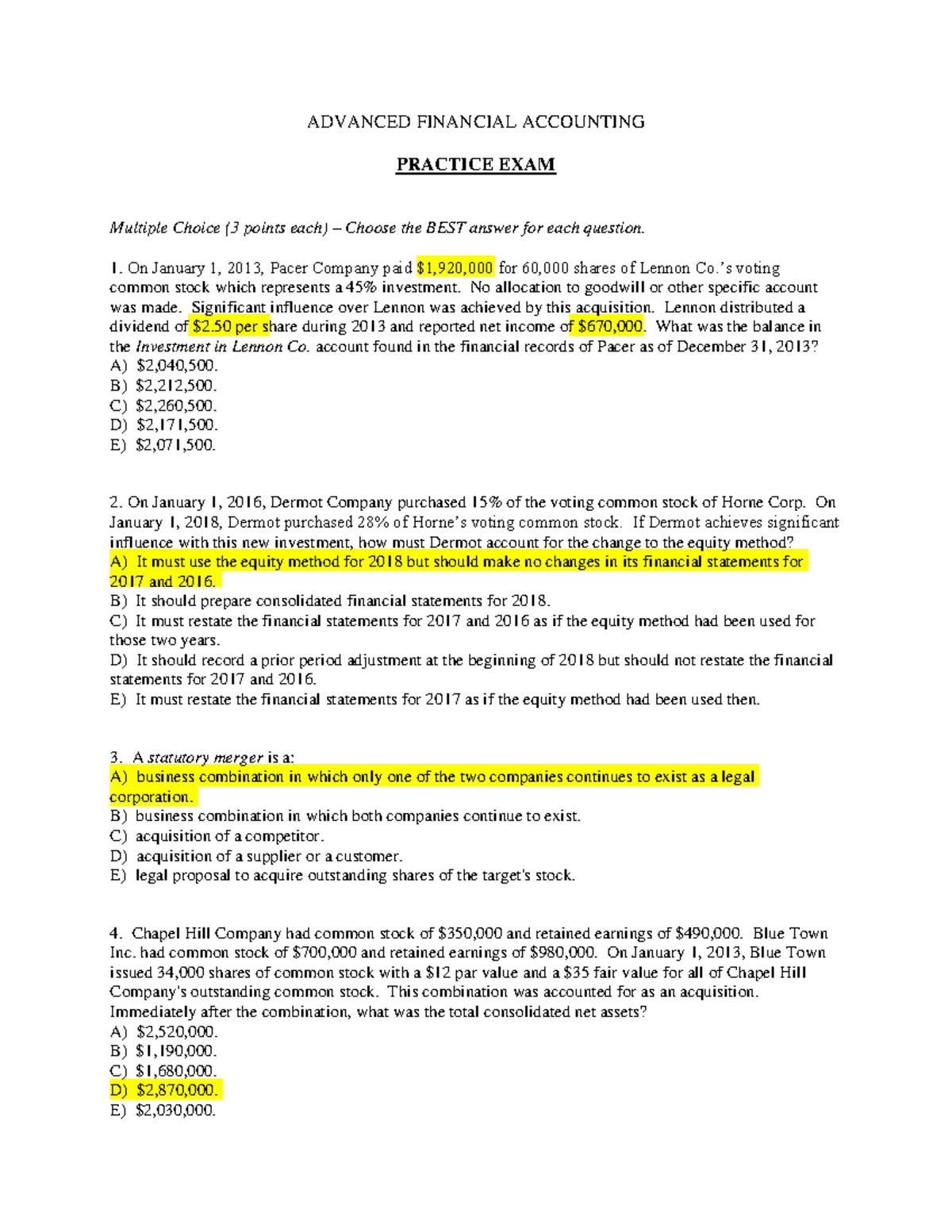 Practice Exam 2024 - Mock exam 2024 - ADVANCED FINANCIAL ACCOUNTING ...