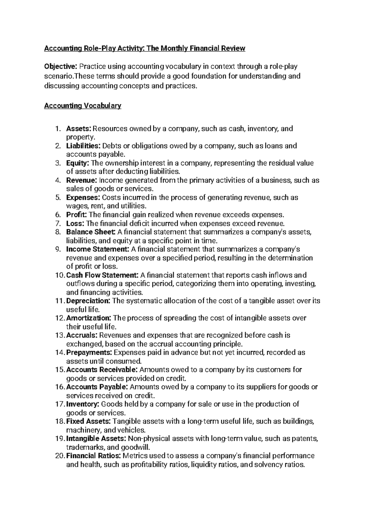 Accounting Role-Play Activity The Monthly Financial Review - Accounting ...