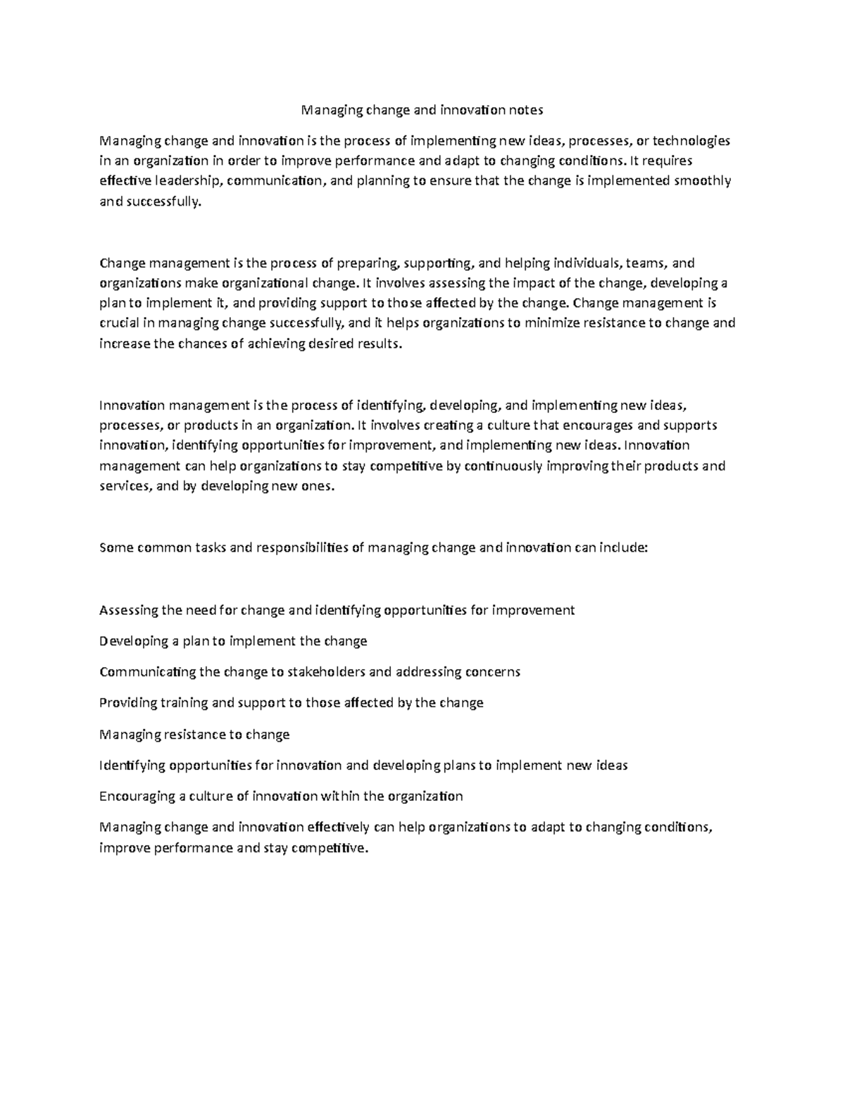 Managing change and innovation notes - Managing change and innovation ...