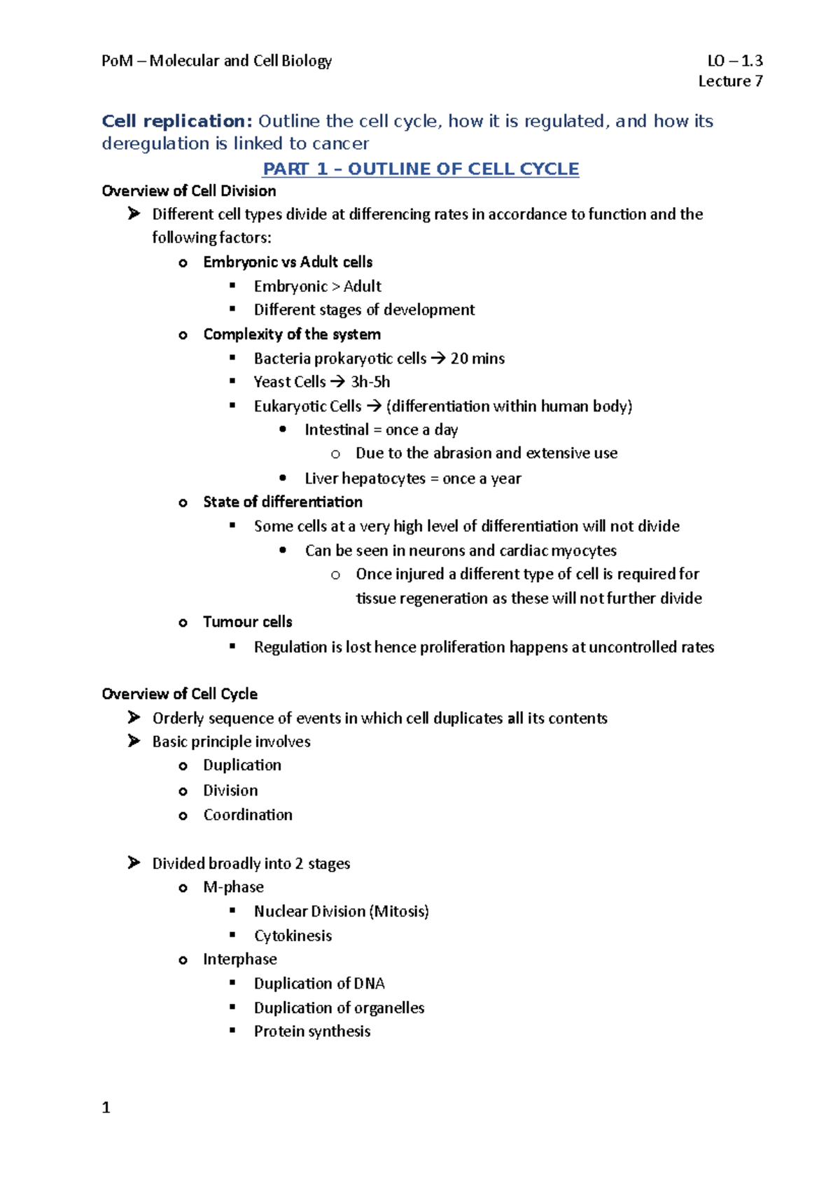 1.3 Cell Replication - Lecture 7 Cell replication: Outline the cell ...