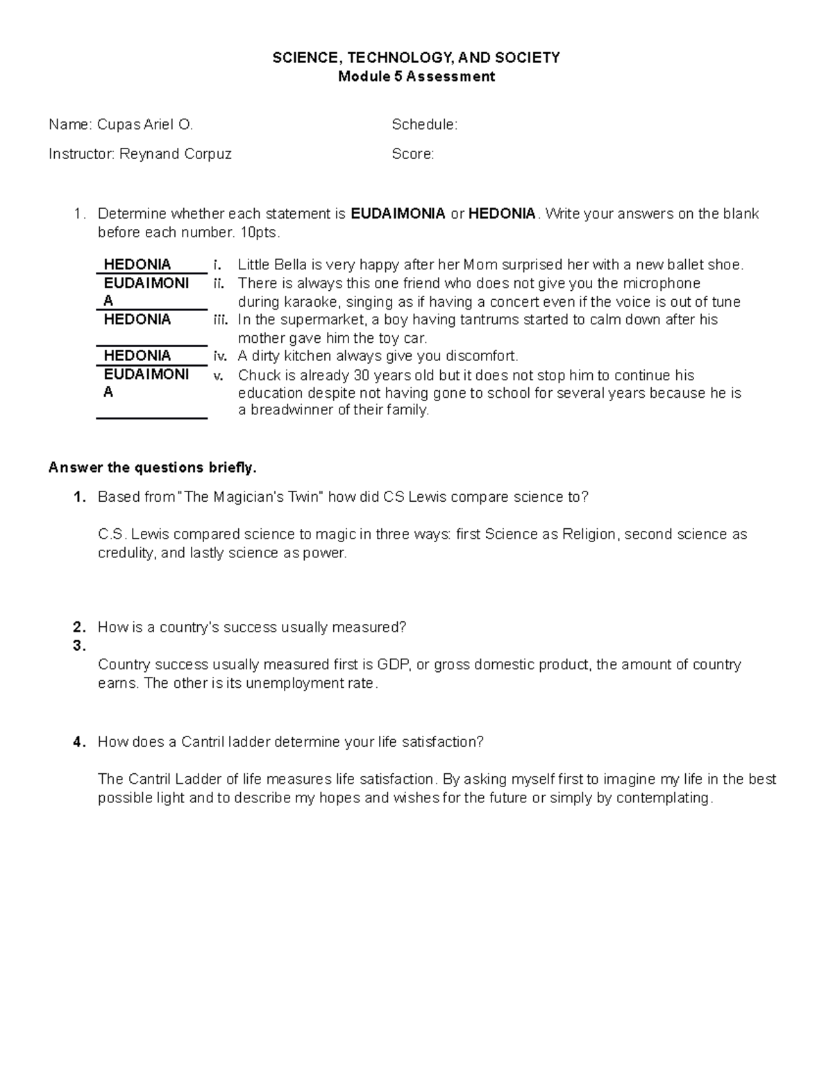 Cupas Ariel Module 5 Assessment - SCIENCE, TECHNOLOGY, AND SOCIETY ...