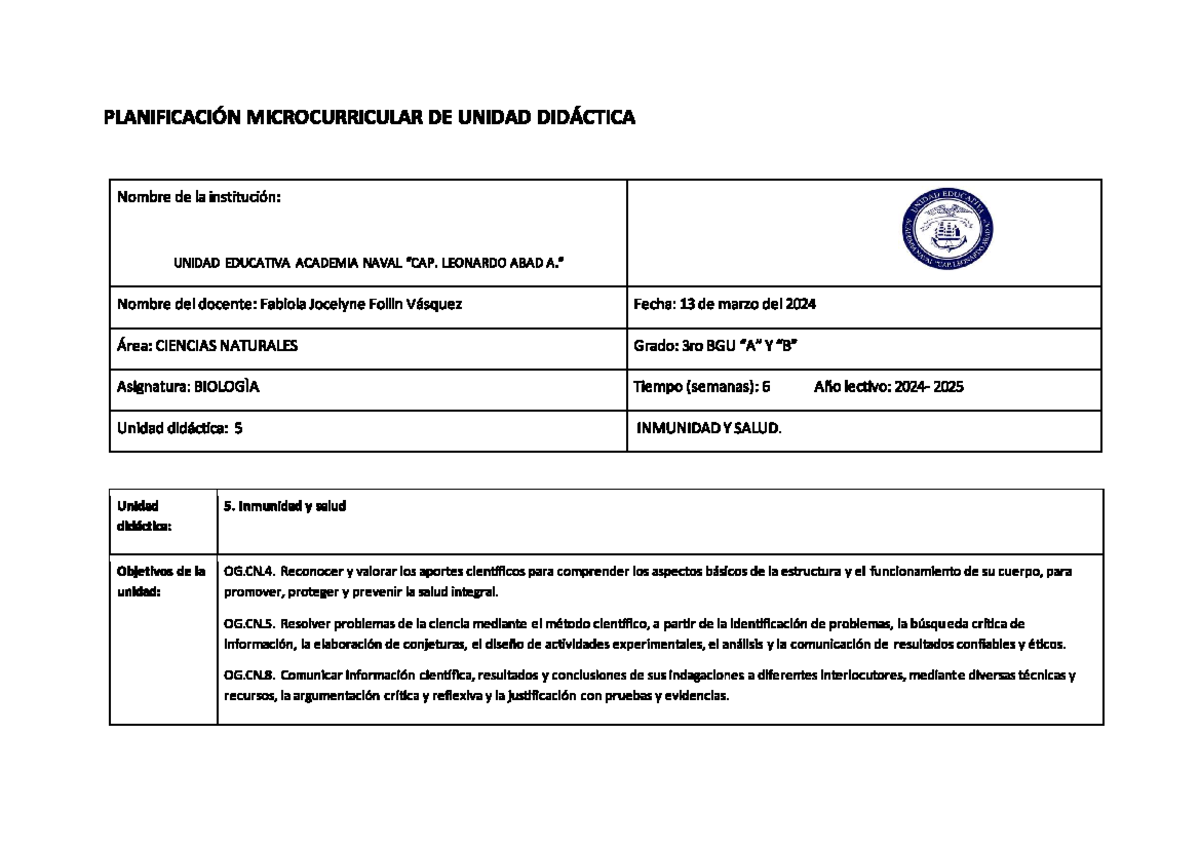 5 Planificaciòn Microcurricular Biologia 5 - PLANIFICACIÓN MICROCURRICULAR DE UNIDAD DIDÁCTICA ...