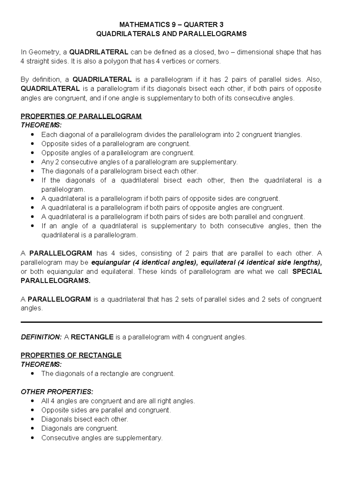 Quadrilateral - l;jk - MATHEMATICS 9 – QUARTER 3 QUADRILATERALS AND ...