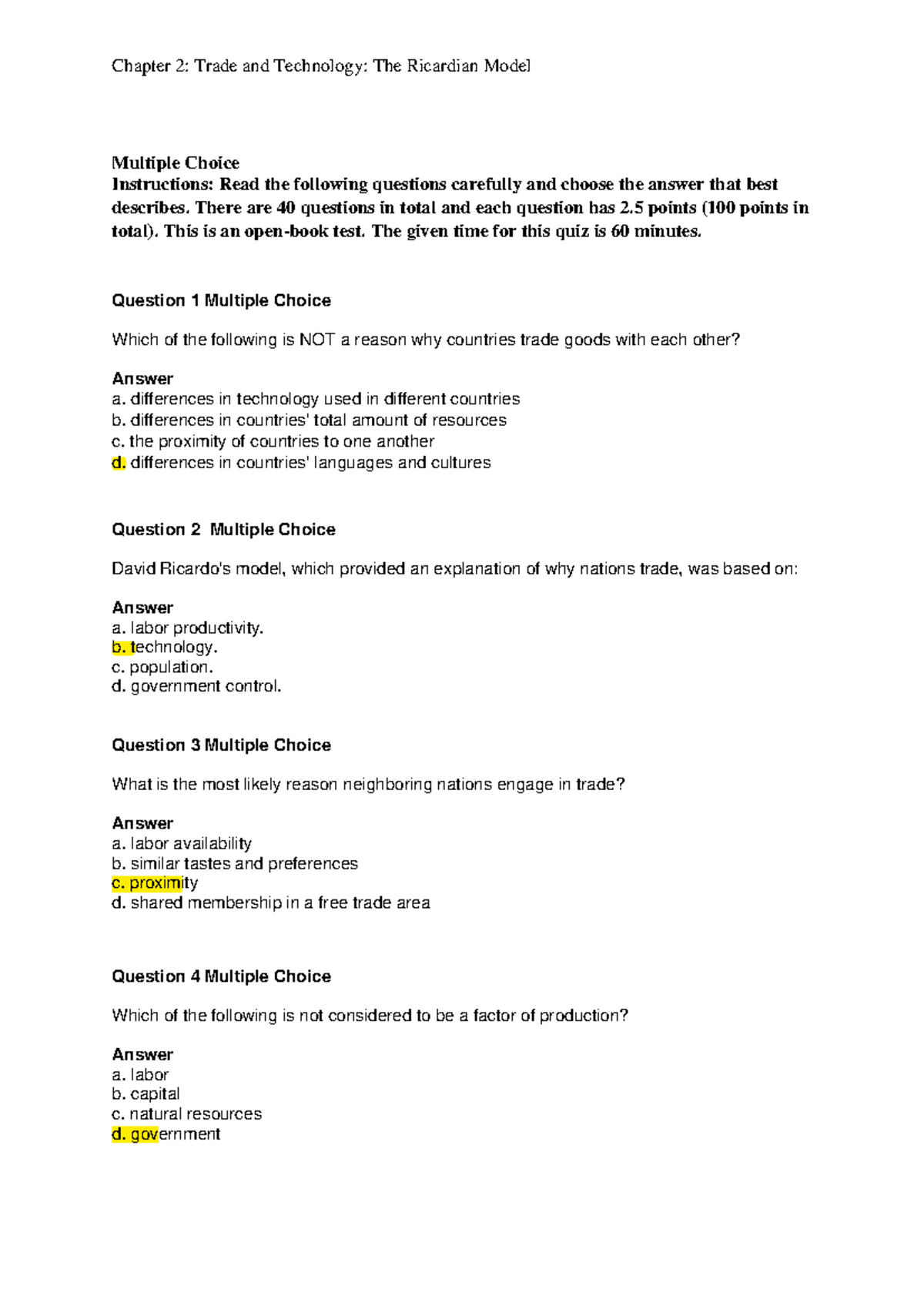 QUIZ 2 Solution - Multiple Choice Instructions: Read the following ...
