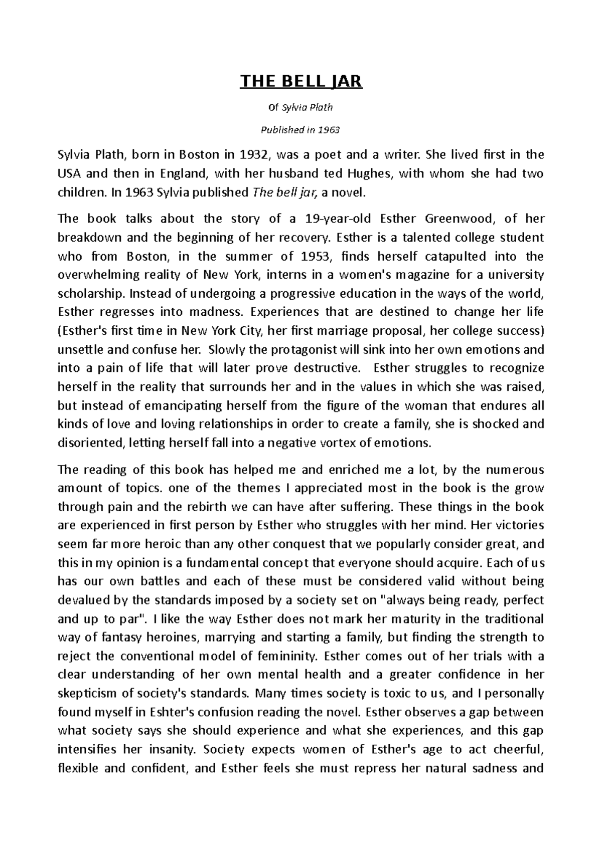 The bell jar - relazione sul libro in lingua inglese - THE BELL JAR Of ...