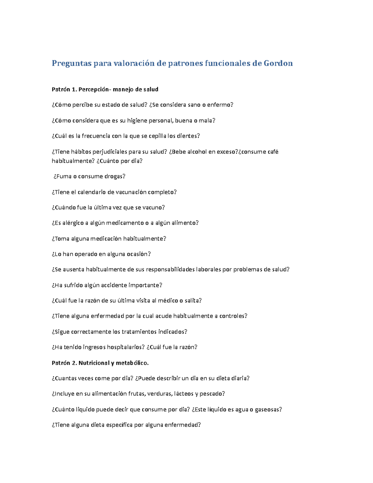 Preguntas para valoración de patrones funcionales de Gordon ...