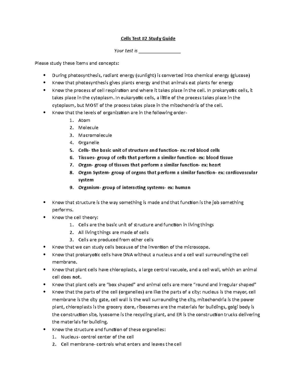 Cells Test #2 Study Guide 2021 - Cells Test #2 Study Guide Your test is ...