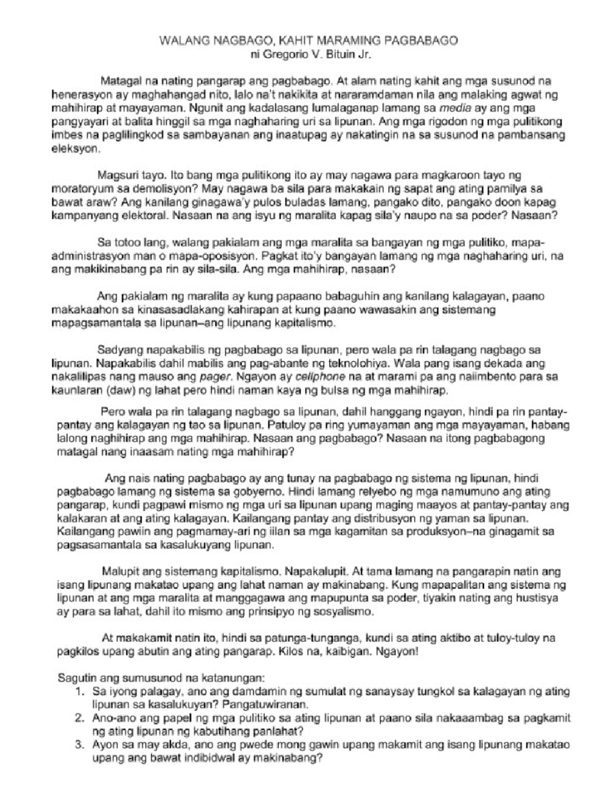 Catch up reading - WALANG NAGBAGO, KAHIT MARAMING PAGBABAGO ni Gregorio V. Bituin Jr. Matagal na ...