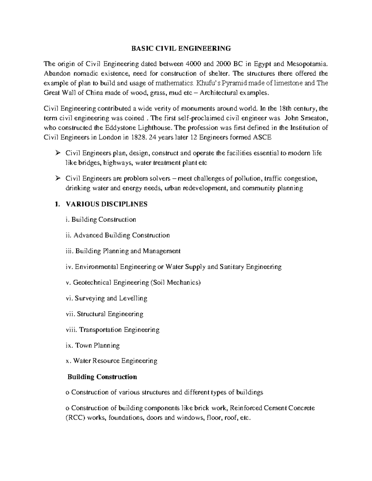 BCE notes - Useful - BASIC CIVIL ENGINEERING The origin of Civil ...