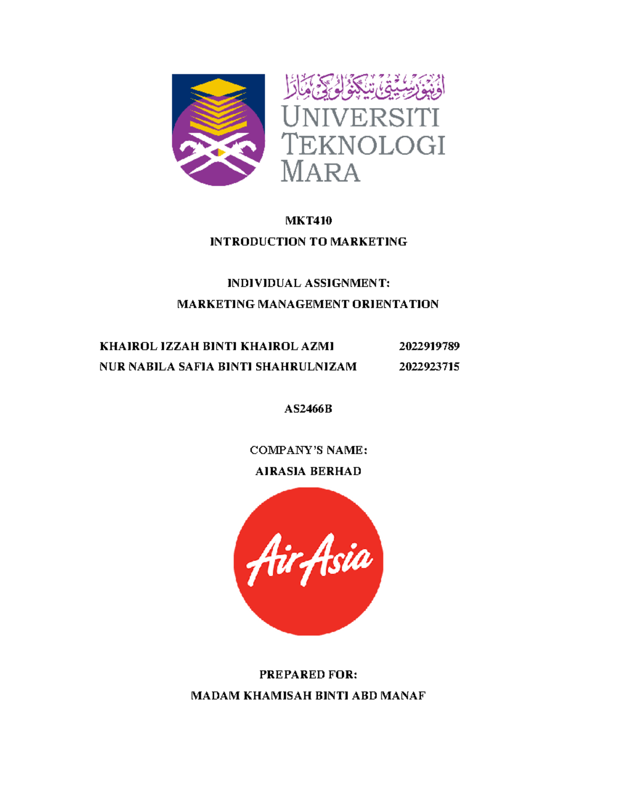 Airasia Berhad - CASE STUDY - MKT 410 INTRODUCTION TO MARKETING ...