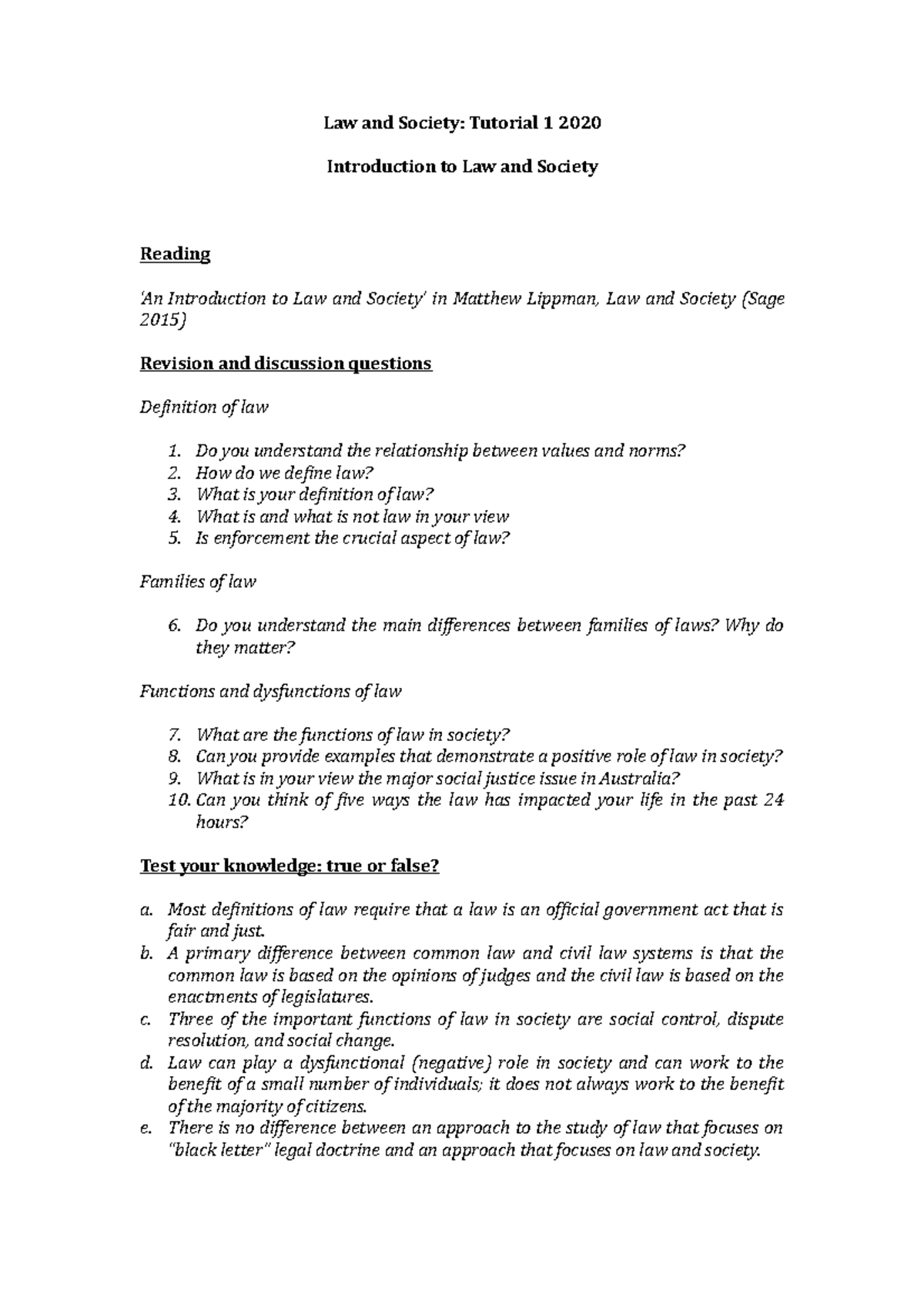 Law and Society - Tutorial 1 2020 - Law and Society: Tutorial 1 2020 Introduction to Law and ...