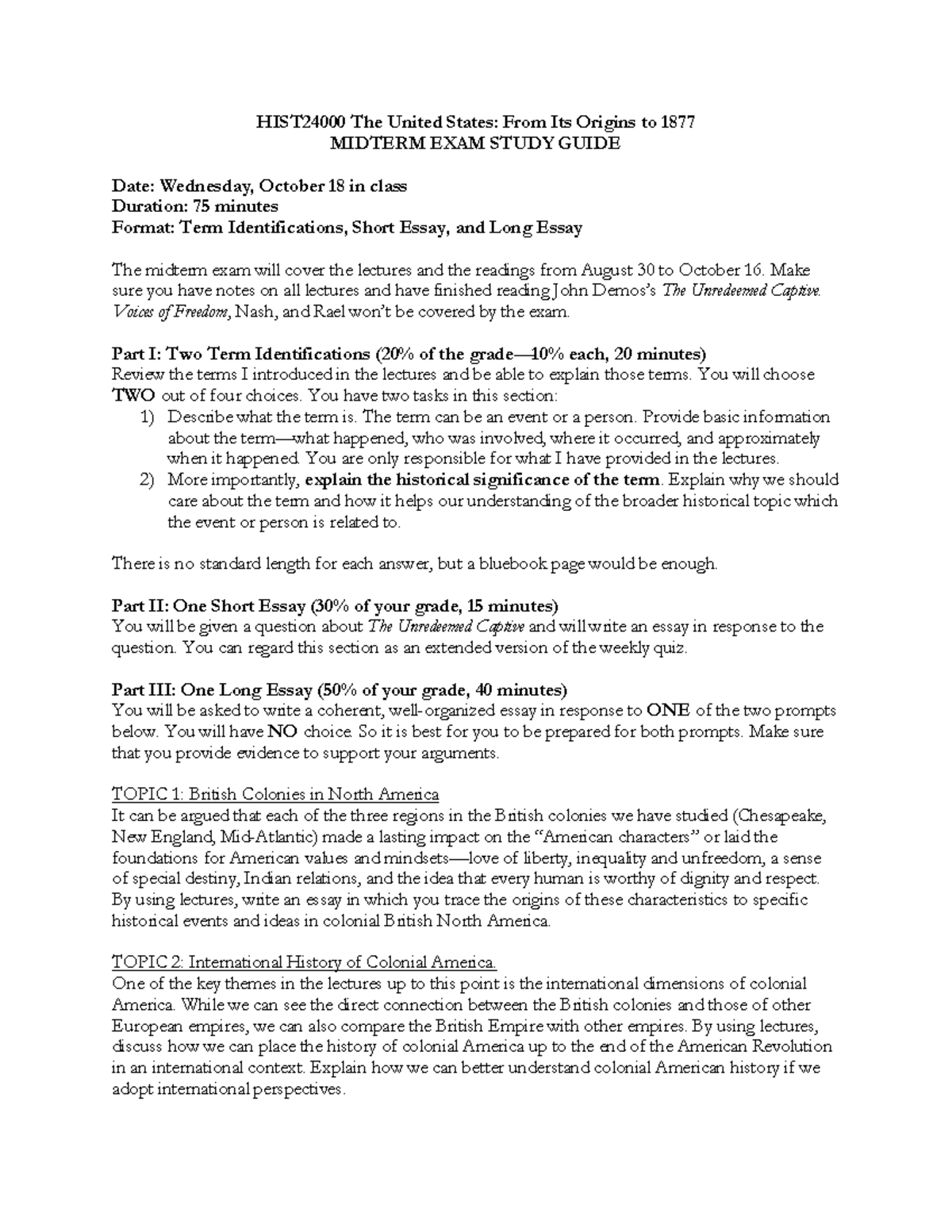 Midterm Study Guide - HIST24000 The United States: From Its Origins to ...