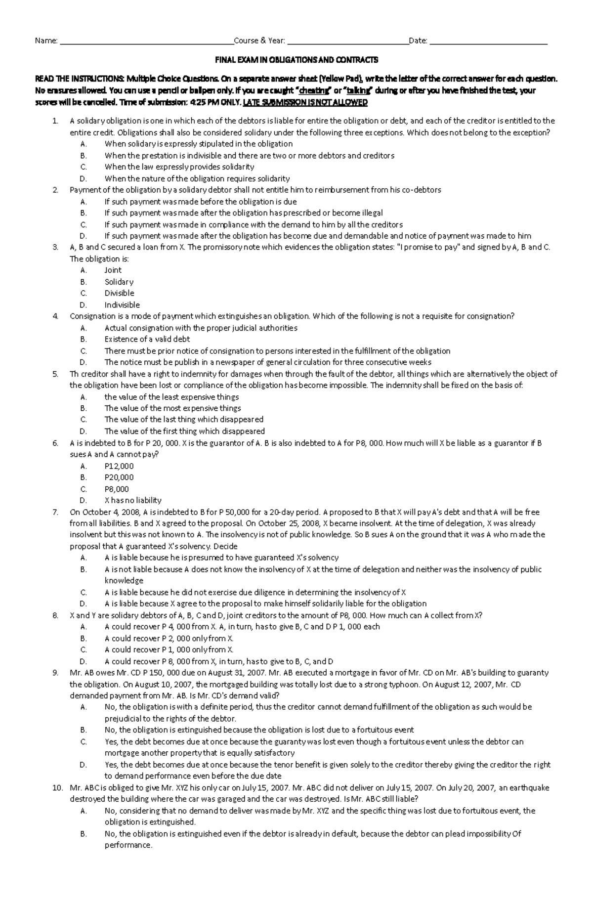 Final EXAM IN LAW 121 Copy - Name ...