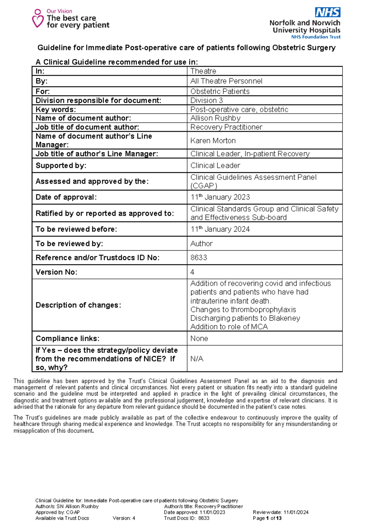 Immediate Post operative care of patients following Obstetric Surgery ...