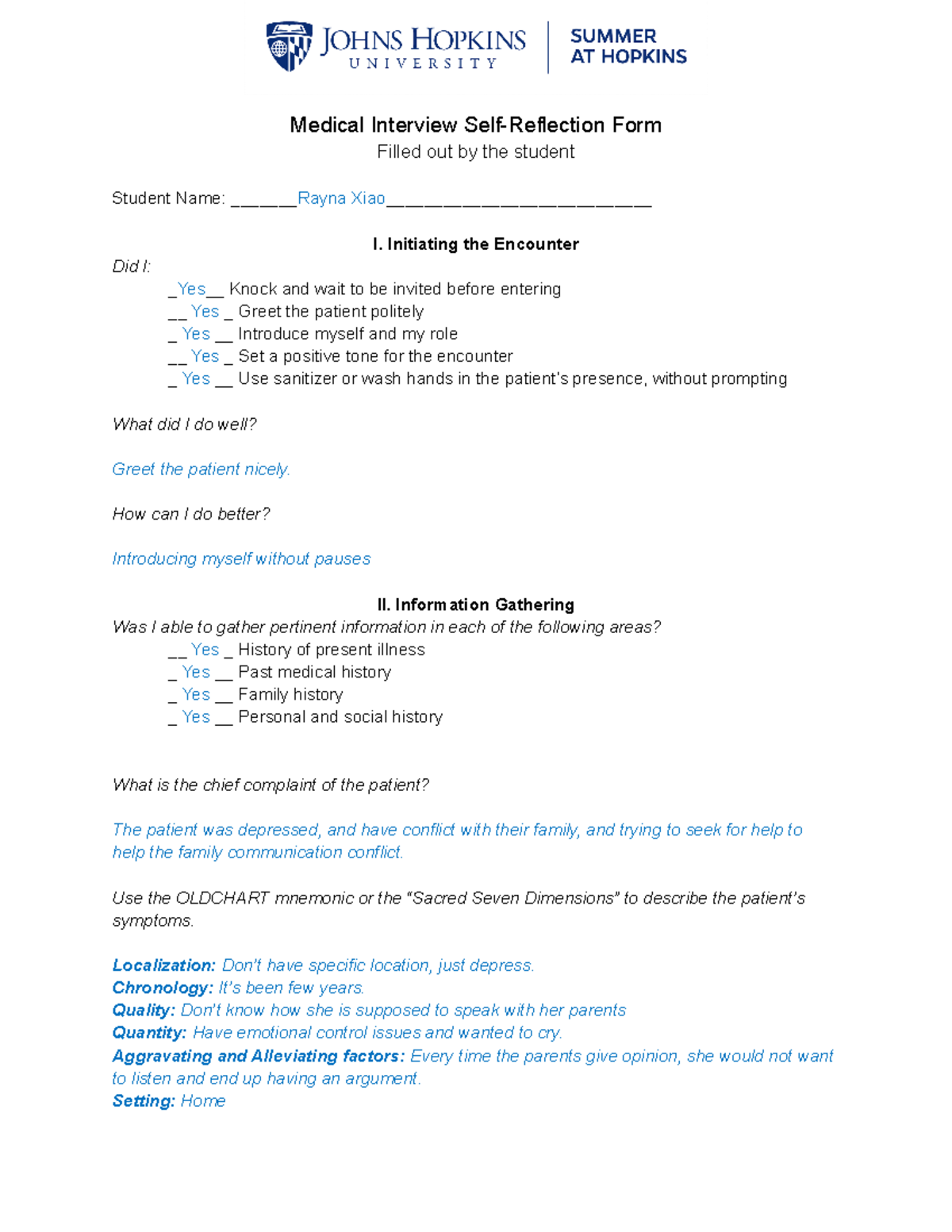 JHU SP Day 6 Interview Self-Reflection Form - Medical Interview Self ...