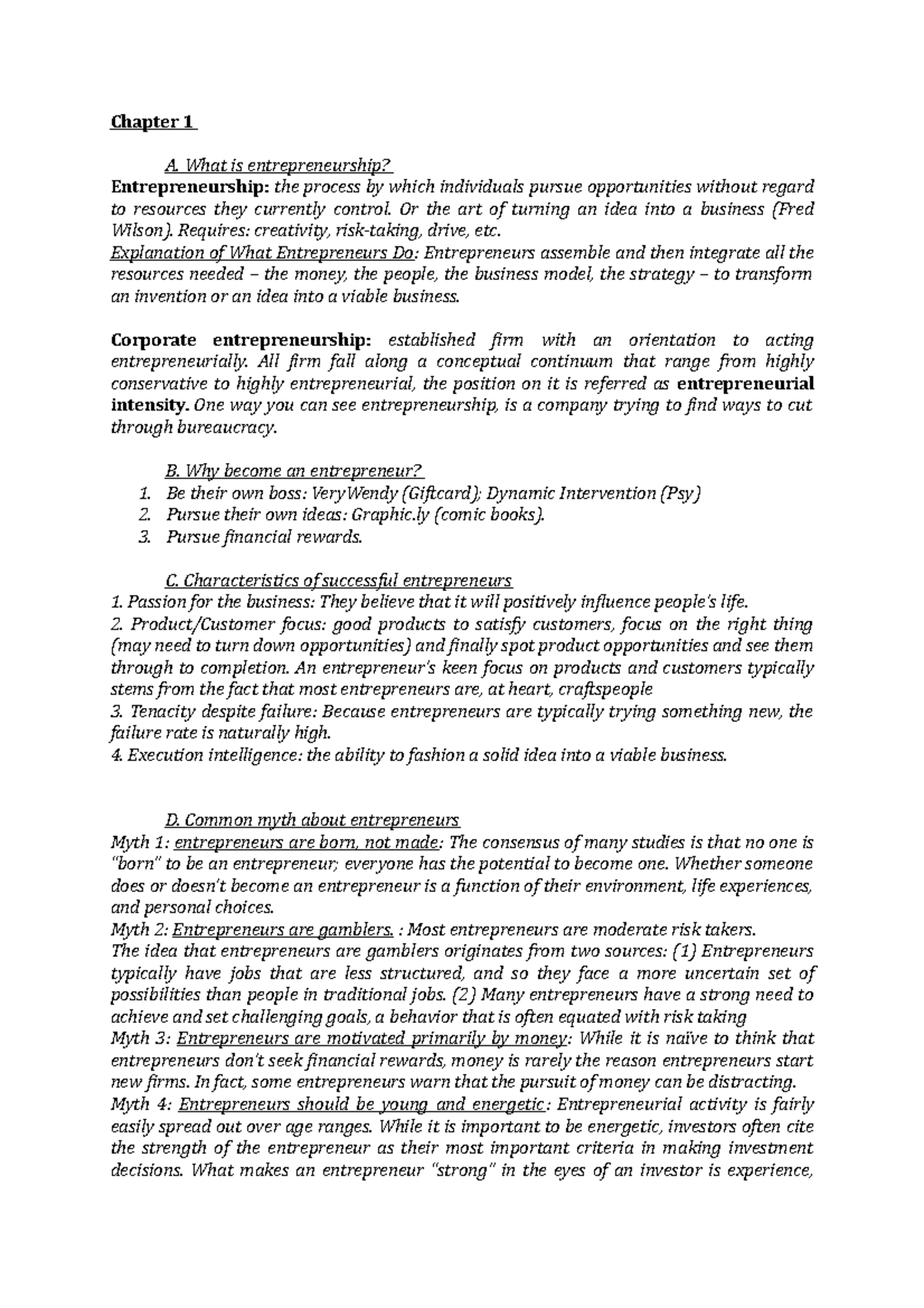 Chapter #1 Notes - Chapter 1 A. What is entrepreneurship ...