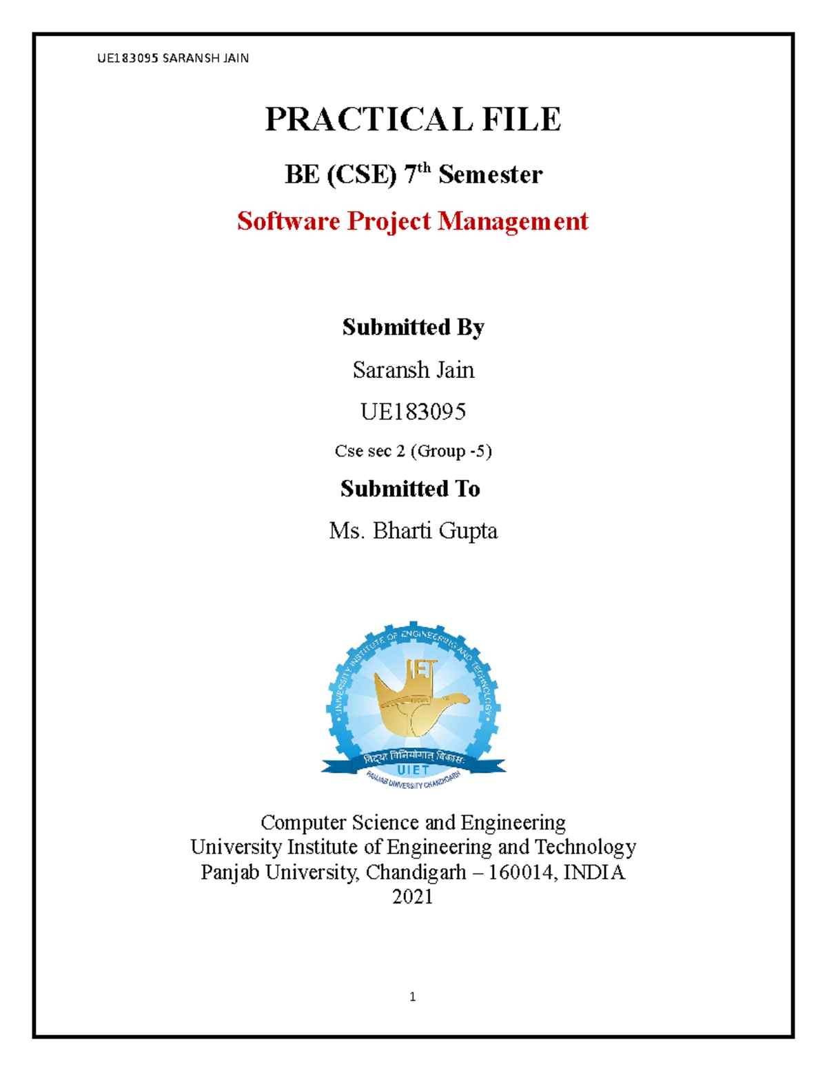 UE183095 Practical 2 Project Initiation phase - PRACTICAL FILE BE (CSE ...