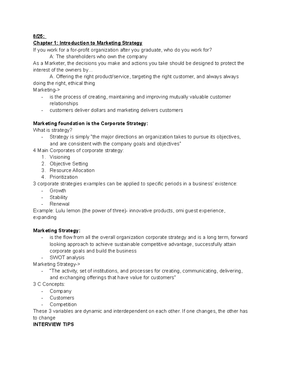 Class Notes Test 1 - 8/25: Chapter 1: Introduction to Marketing ...