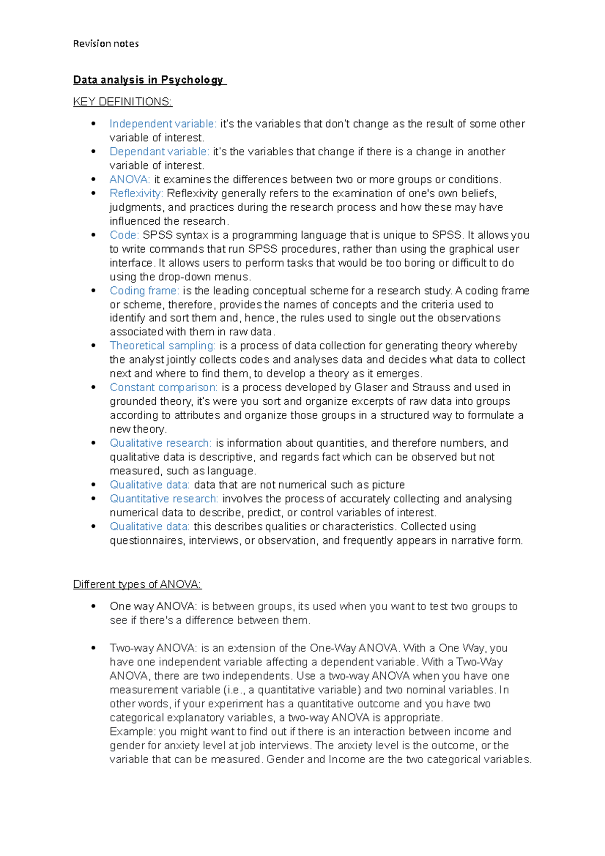 Data analysis in Psychology revision notes - Data analysis in ...