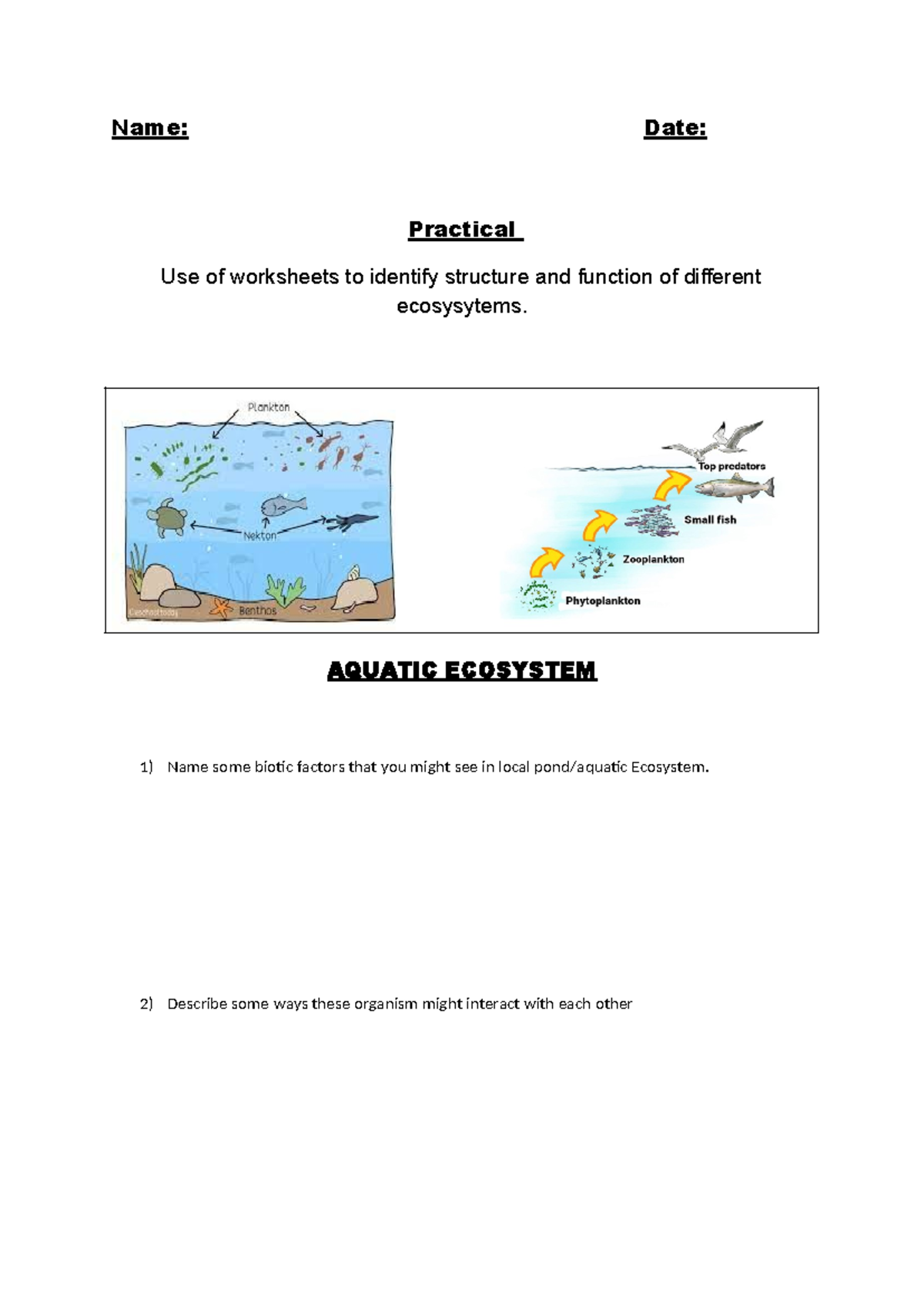 Practical for structure and function of aquatic and terrestial ...