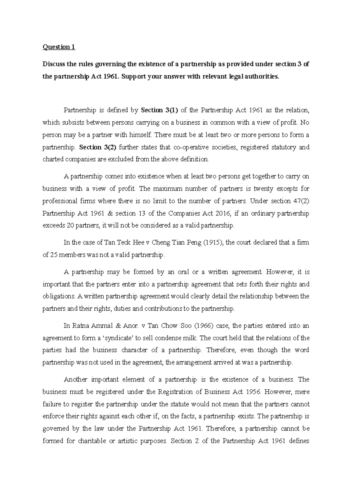 Partnership Tutorial LAW446 - Question 1 Discuss the rules governing ...