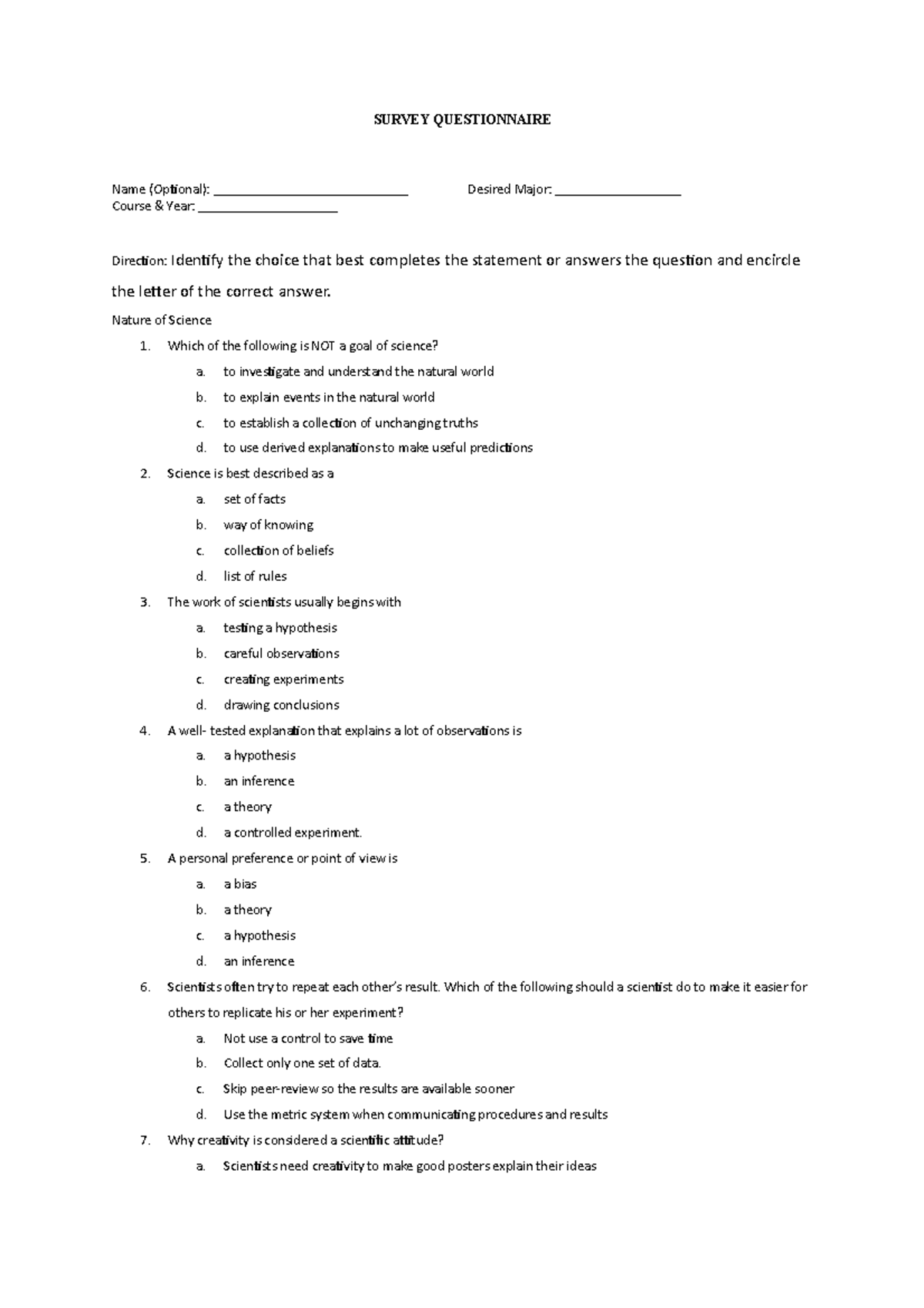 Survey Questionnaire - SURVEY QUESTIONNAIRE Name (Optional