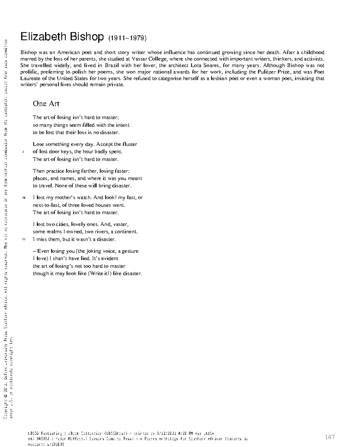 One art- Elizabeth Bishop - 147 15 10 5 Elizabeth Bishop (1911–1979 ...