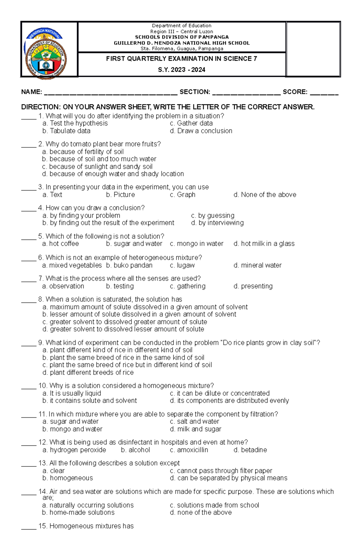 Science 7 1st Quarter Exam 2 - Department of Education Region III ...