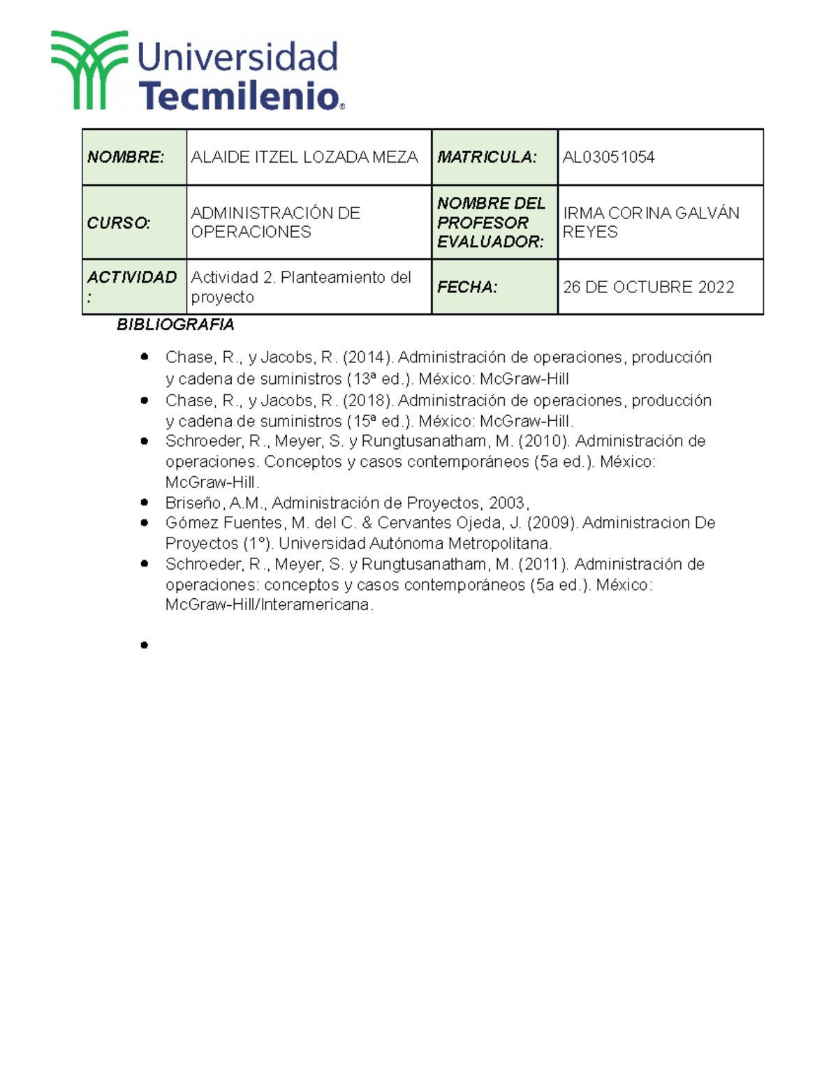 Actividad 2. Planteamiento del proyecto - NOMBRE: ALAIDE ITZEL LOZADA ...