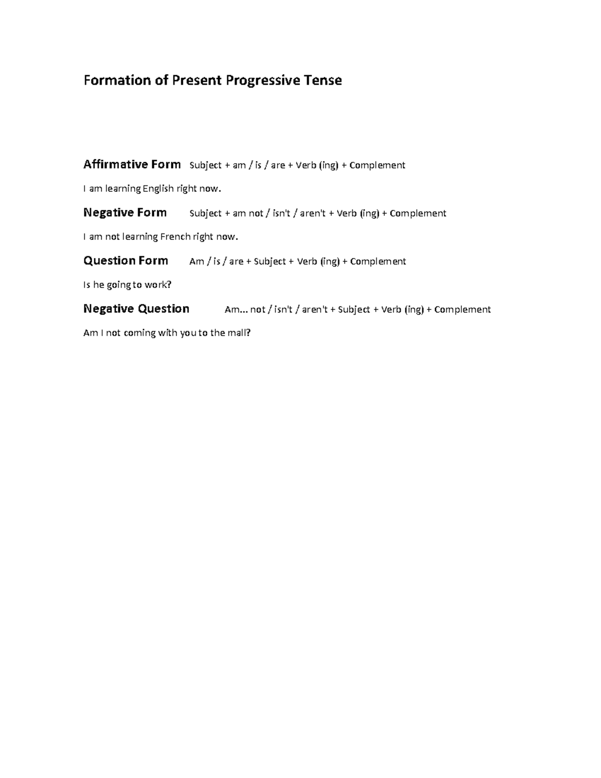 Present progressive grammar - Formation of Present Progressive Tense ...