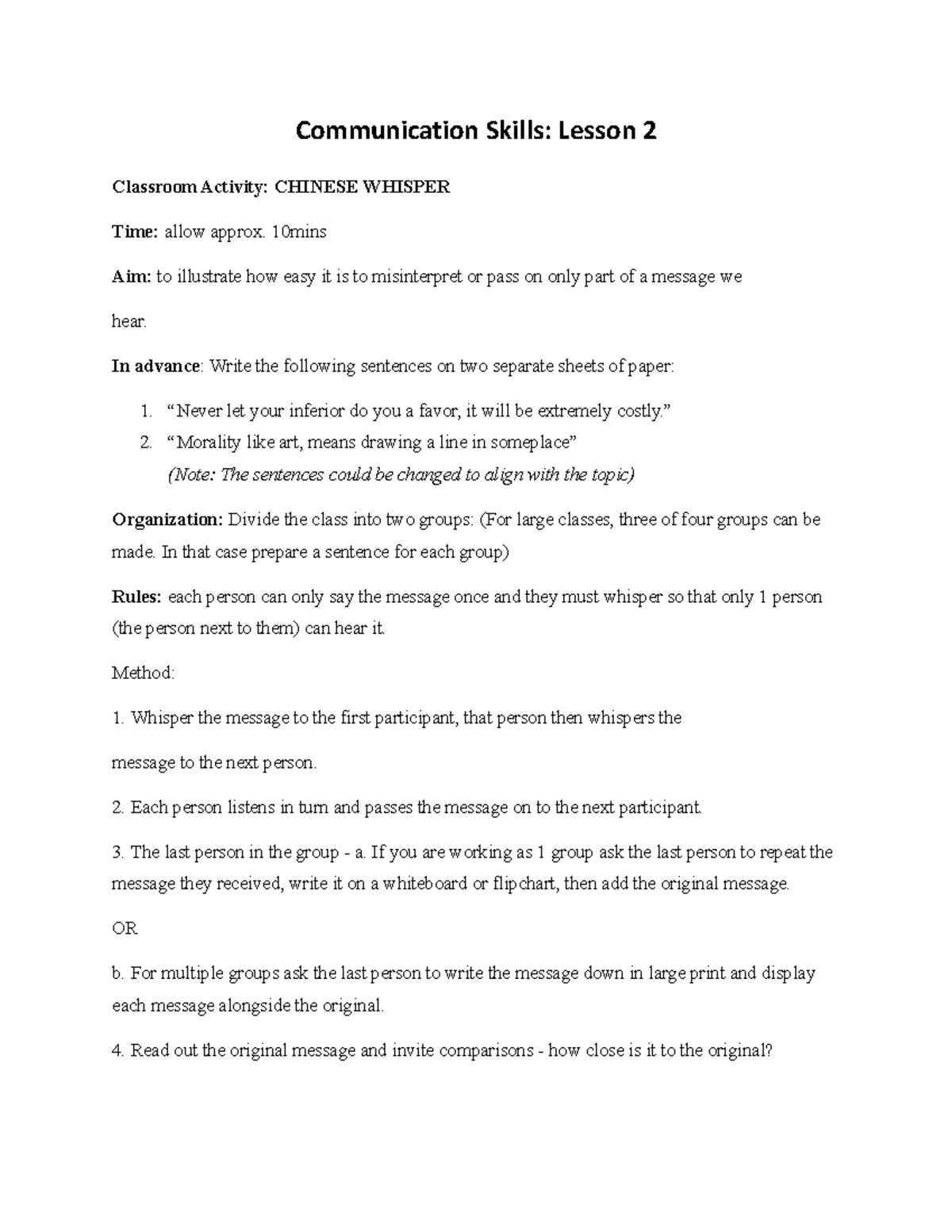 Chinese Whisper Activity for Lesson 2 - Communication Skills: Lesson 2 ...