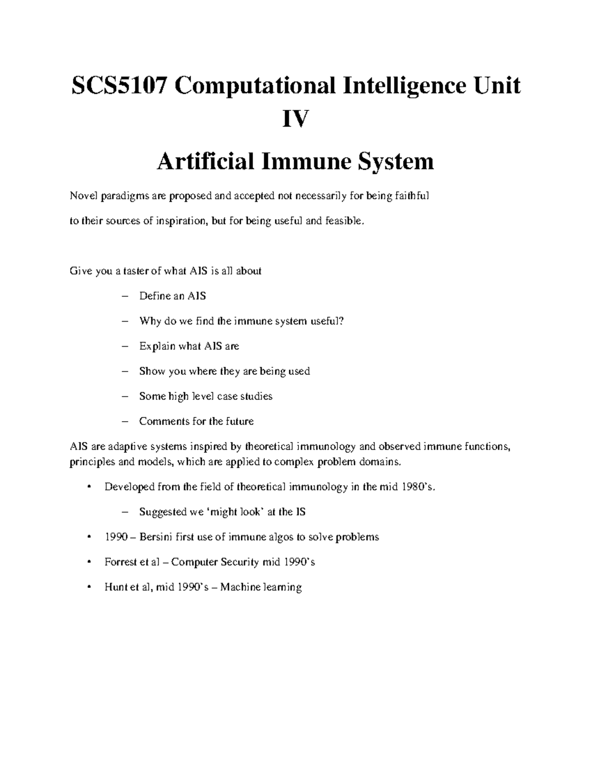 Artificial Immune System Notes - SCS5107 Computational Intelligence ...