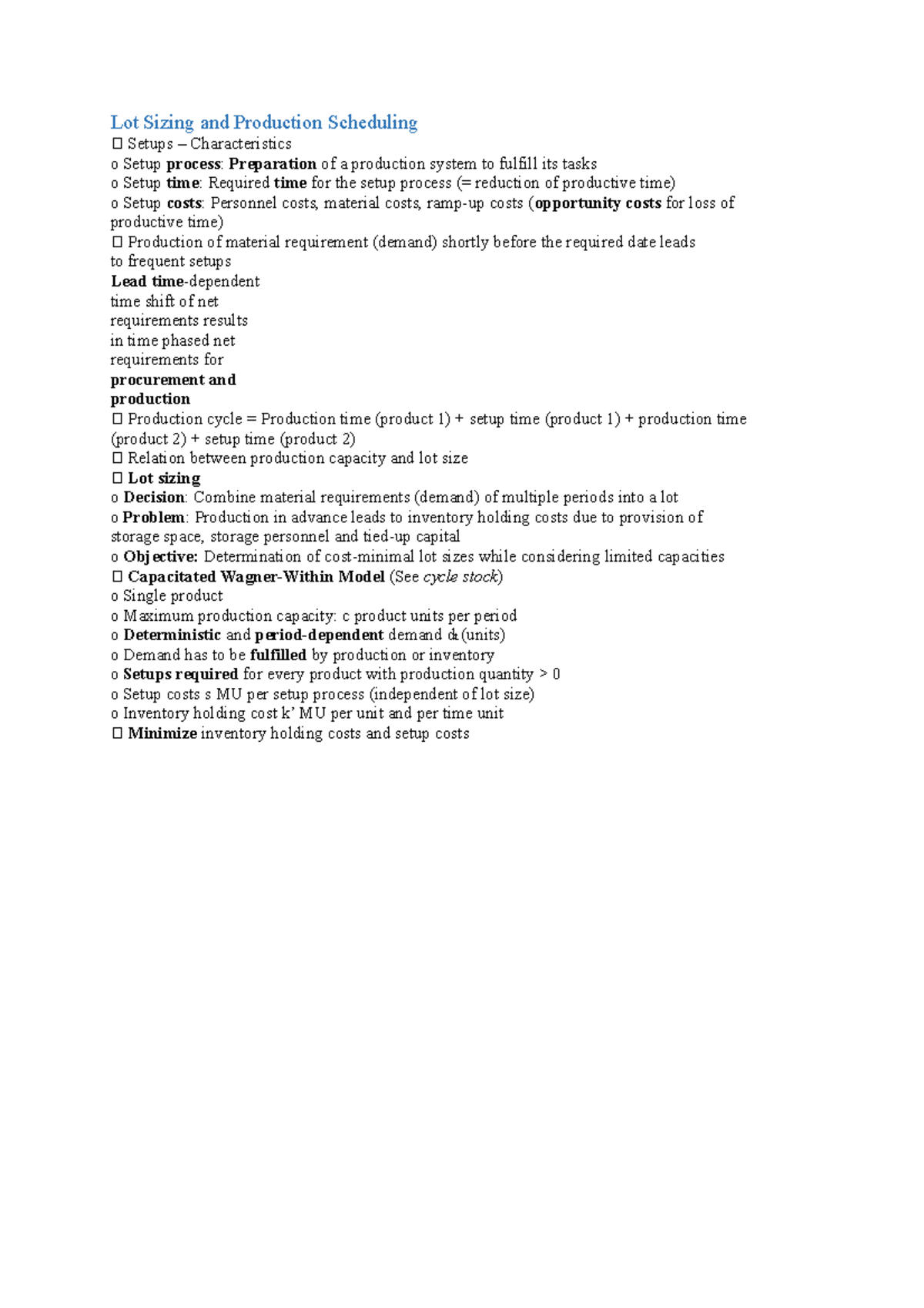 Lot Sizing and Production Scheduling - Studocu