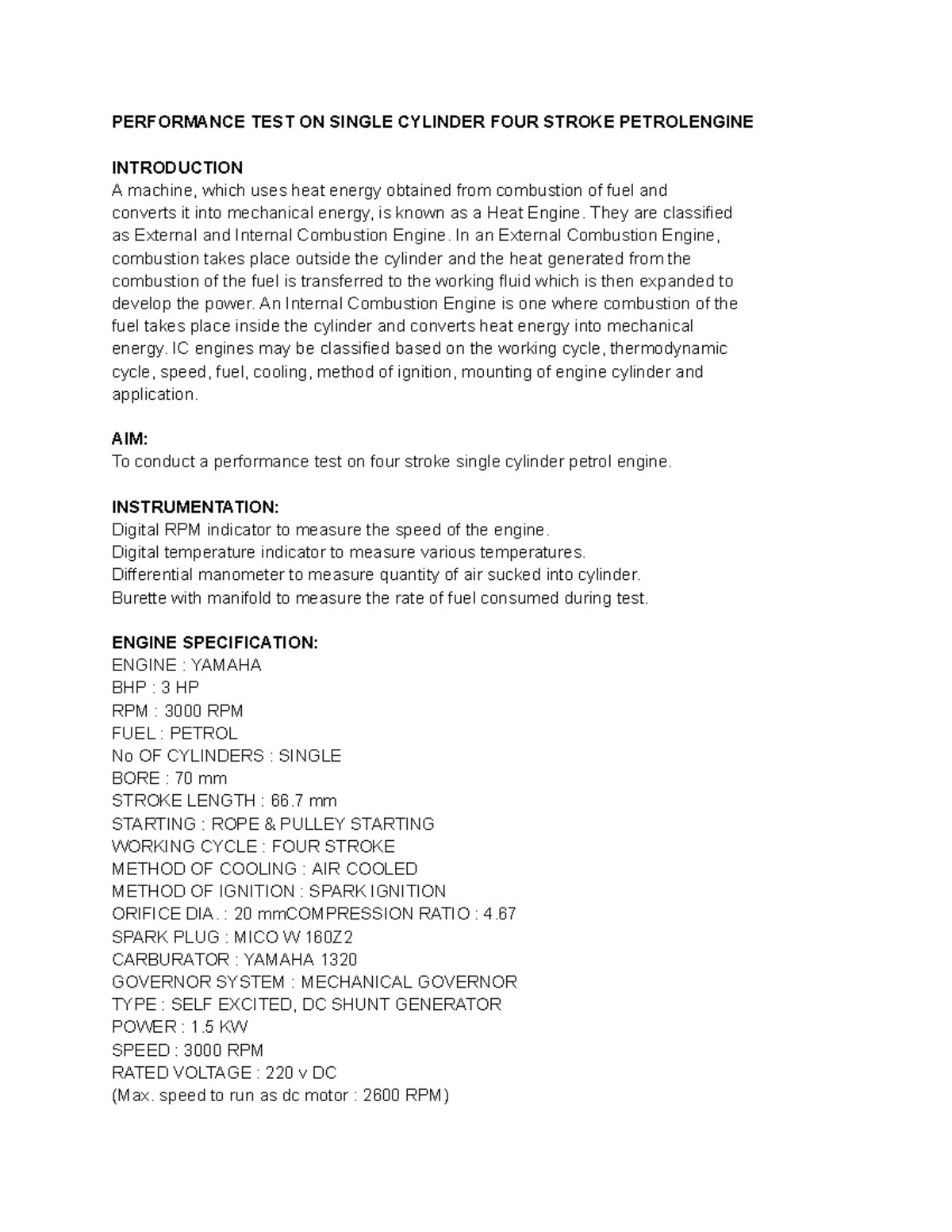 Performance TEST ON Single Cylinder FOUR Stroke Petrolengine ...
