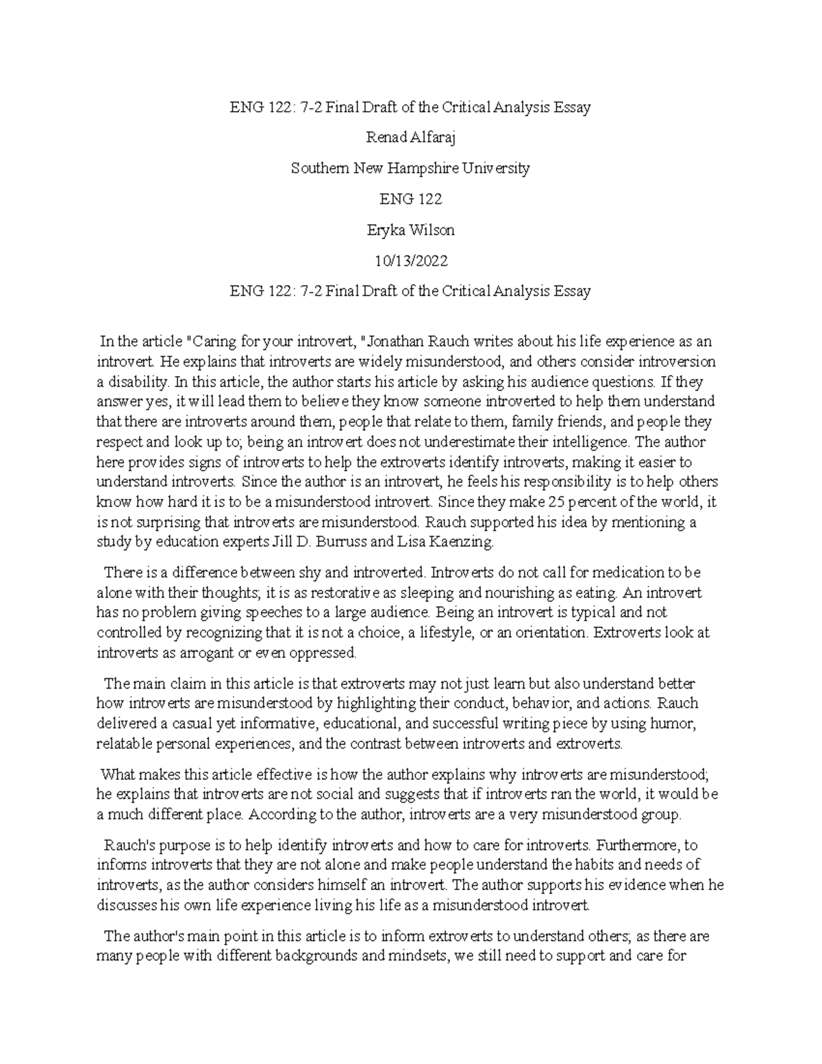 7-2 Final Draft of the Critical Analysis Essay - He explains that ...