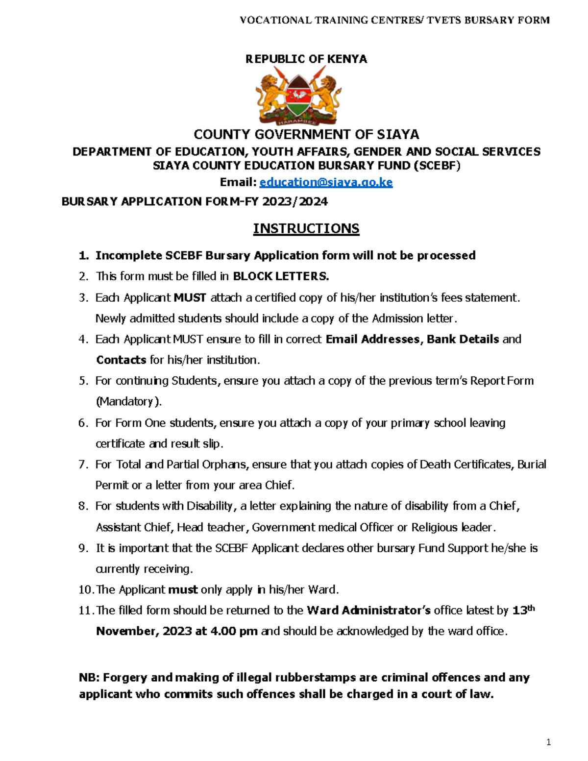 Bursary Application FORM FOR 2023 2024 Vocational training centers and ...