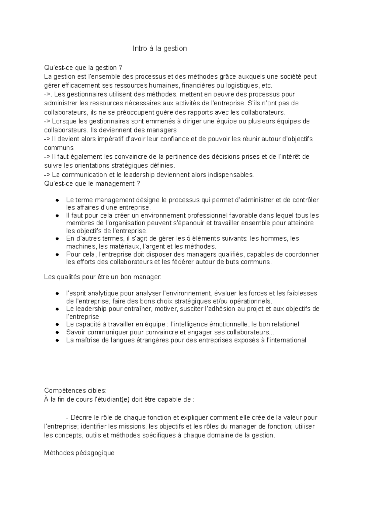 Intro à la gestion (management chap - Intro à la gestion Qu’est-ce que la gestion? La gestion ...