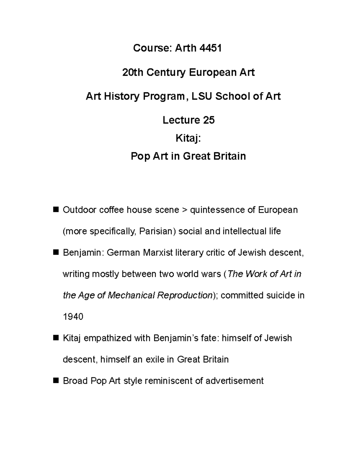 Kitaj - 20th Century Art Lecture Notes summary from ppt - Course: Arth ...