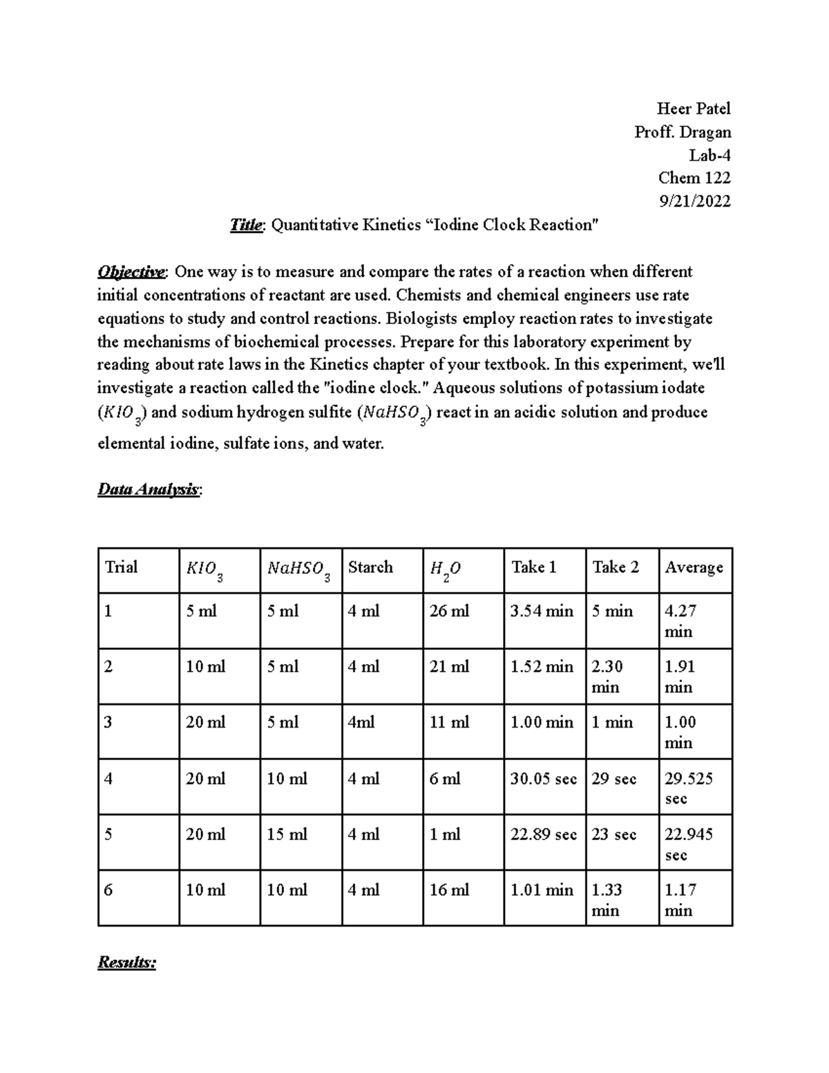 Lab 4 1 Lab 4 Heer Patel Proff Dragan Lab Chem 122 921 Title Quantitative Kinetics 3051