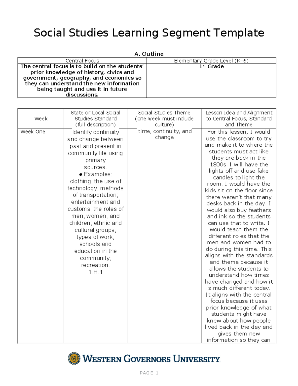 Social Studies Learning Segment Template - Outline Central Focus ...