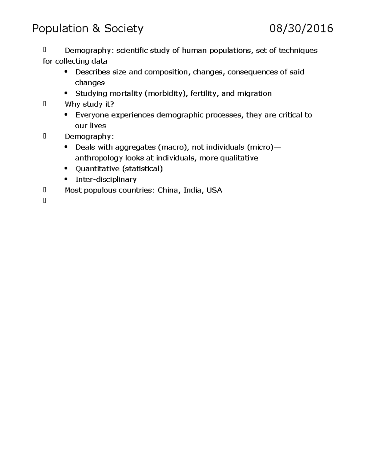 Class Notes - Population & Society 08/30/ Demography: scientific study ...