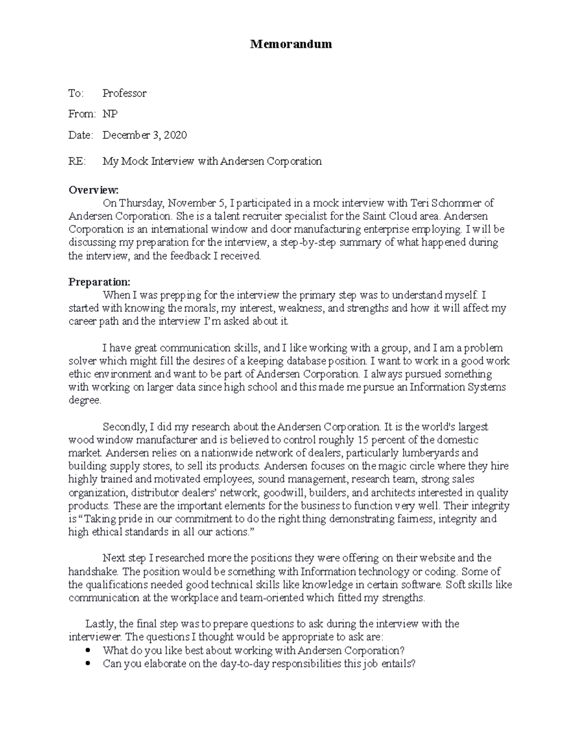 Memorandum - Memorandum To: Professor From: NP Date: December 3, 2020 ...