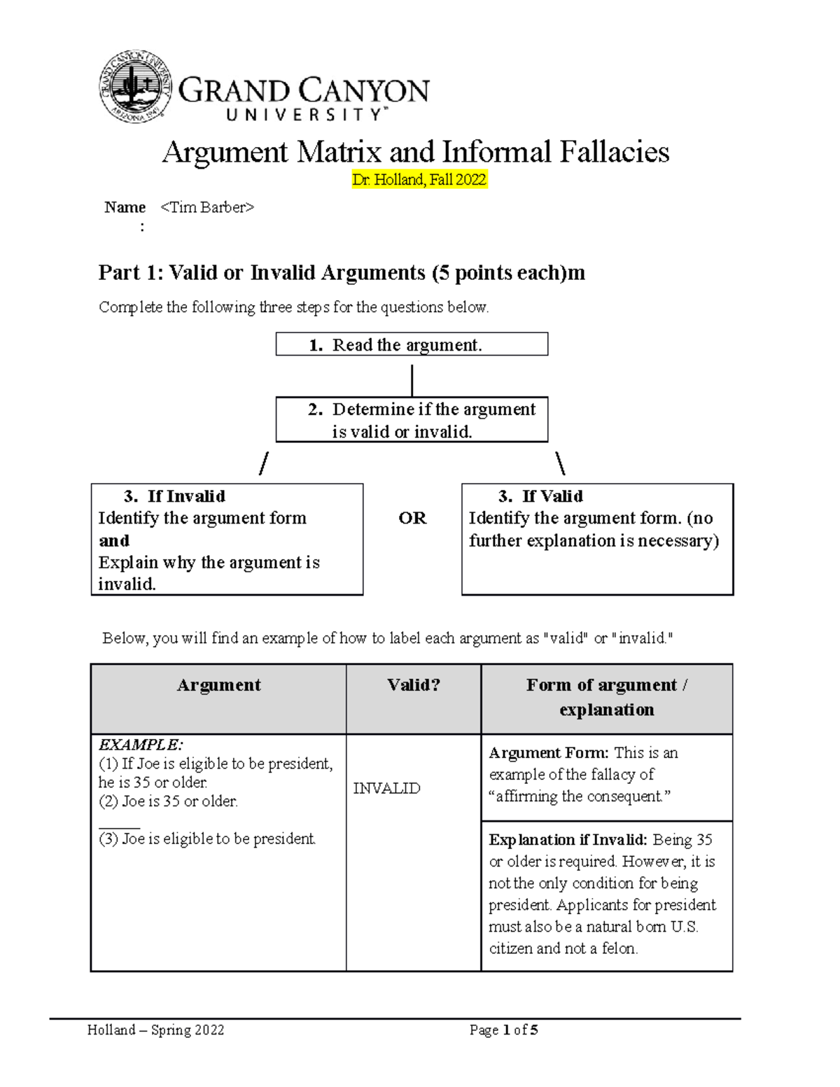 Argument Matrix And Informal Fallacies - Holland, Fall 2022 Name : Part ...