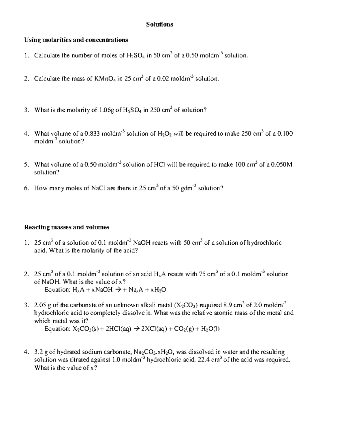 Problems - Solutions Using molarities and concentrations Calculate the ...