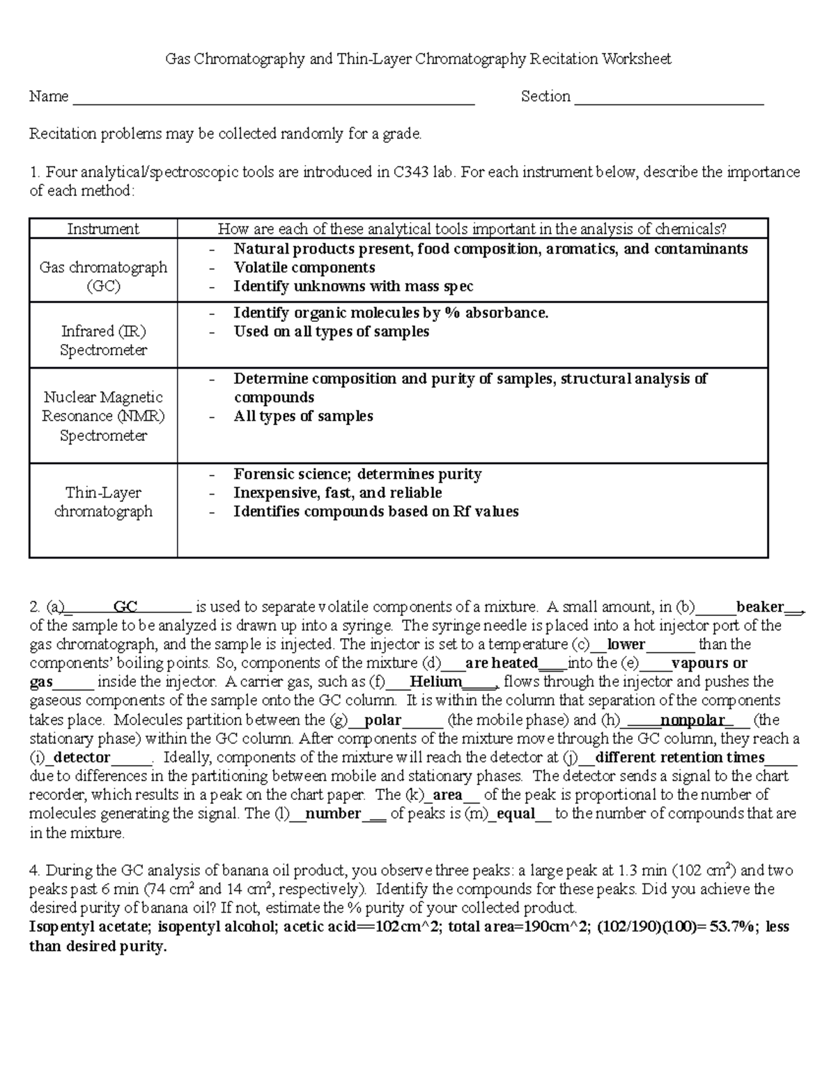 GC and TLC Worksheet - Work - Gas Chromatography and Thin-Layer ...