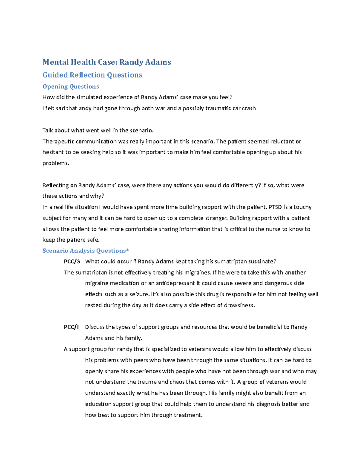 Randy adams guided reflection questions - Mental Health Case: Randy ...