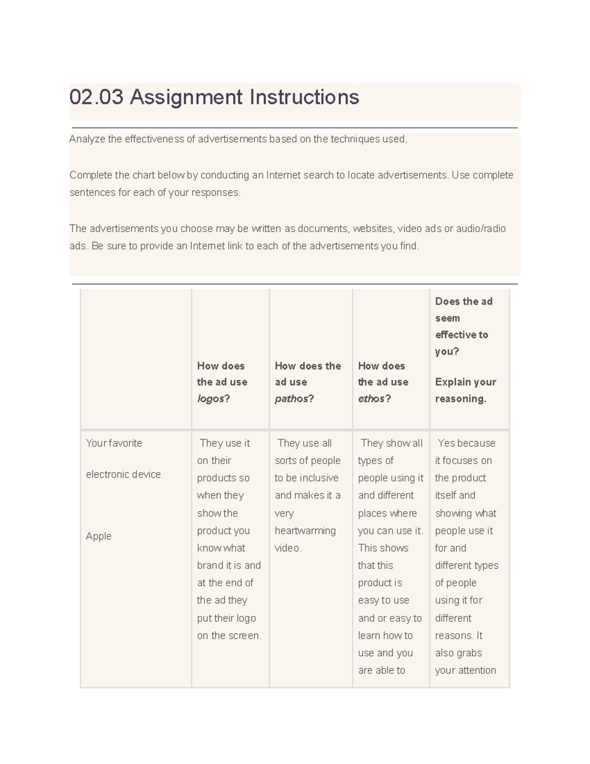 2.03 ads - none - 02 Assignment Instructions Analyze the effectiveness of advertisements based ...